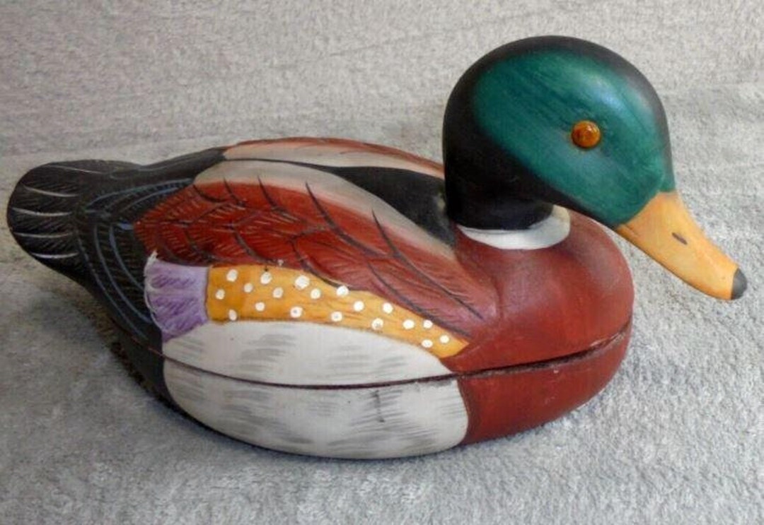 Vintage Jasco Mallard Duck Jewelry Box Trinket Dish Decoy Ceramic Felt ...