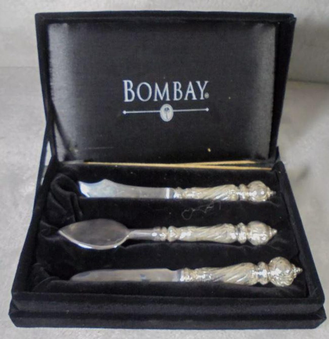 Vintage Bombay Silverware Box 3 Piece Silver Serving Piece Set Velvet ...