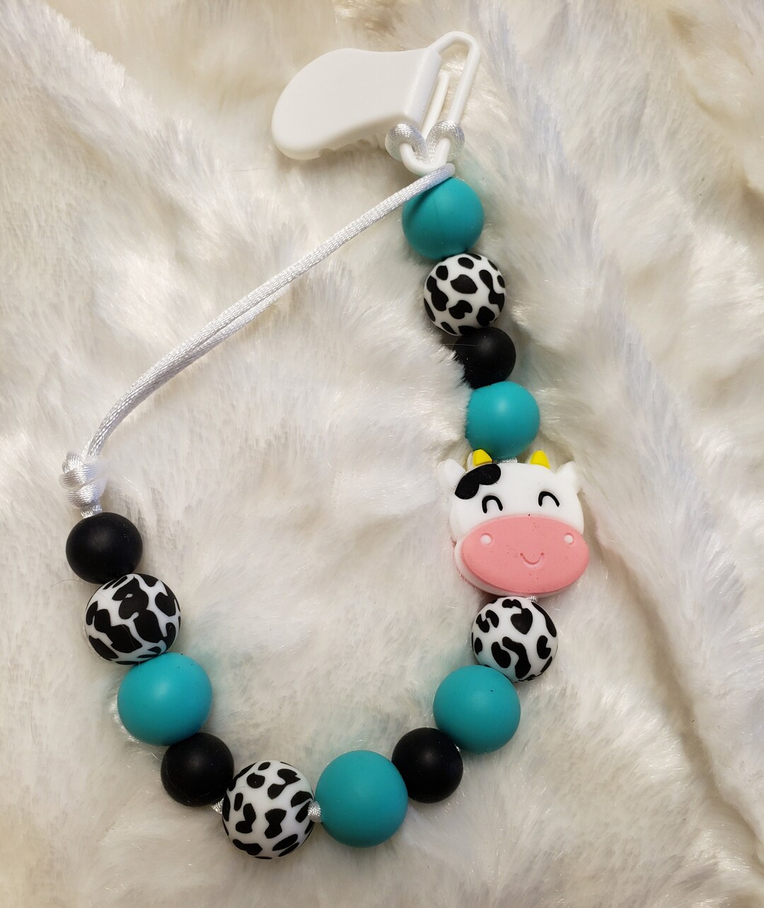 Personalized Cow Theme Pacifier Clip Teal| Silicone Pacifier Clip| Baby ...