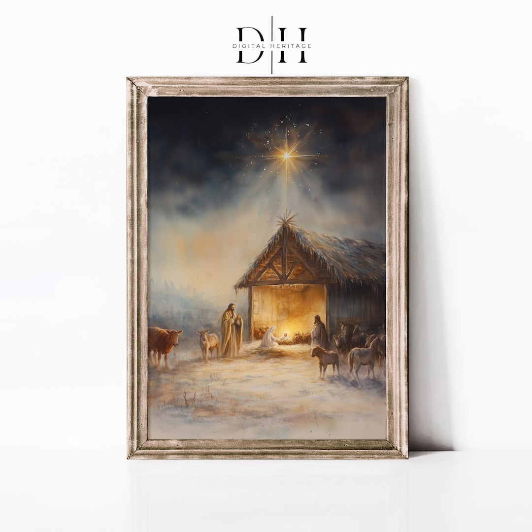 Vintage Nativity Scene Art Print: Holy Family, Star of Bethlehem ...