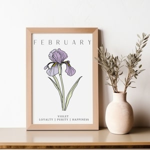 Birth Month Flower, February Birthday Violet Flower Art, Fine Line ...
