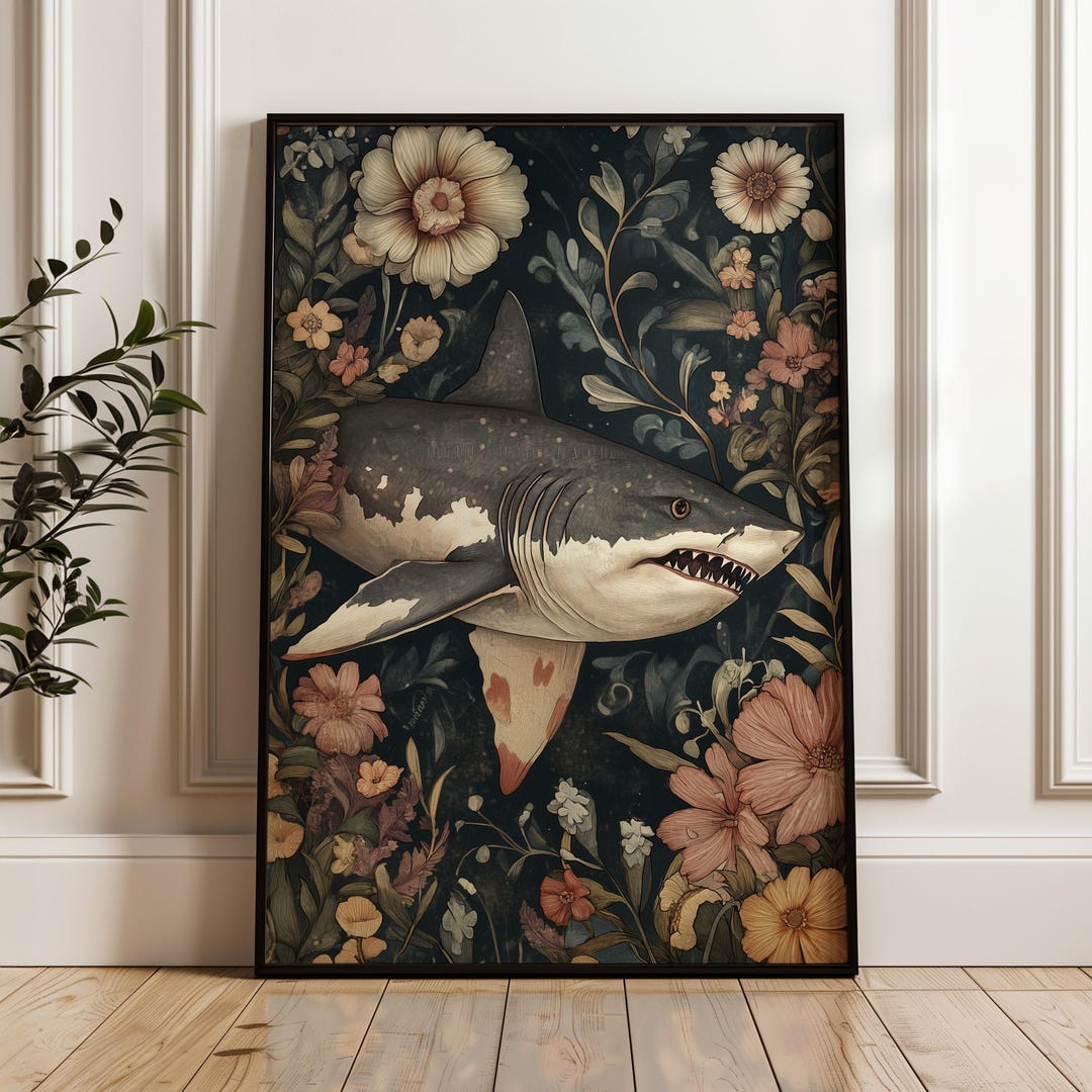 William Morris Inspired Shark Printable Wall Art | Cottagecore Sealife ...