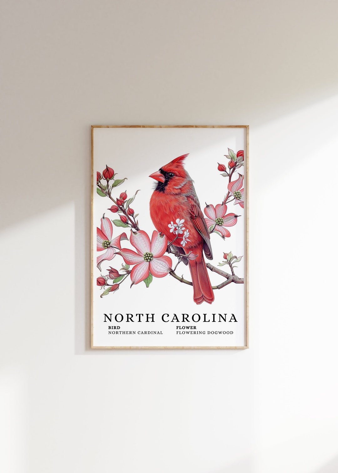 NORTH CAROLINA Northern Cardinal State Bird and Flowering Dogwood Art ...