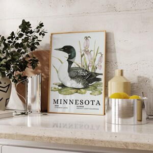 MINNESOTA Common Loon State Bird and Snowy Lady's Slippers Art Print ...