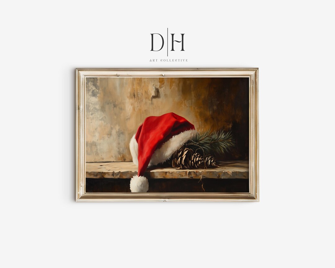 Printable Rustic Christmas Santa Hat Art Moody Santa Oil Painting Cozy ...