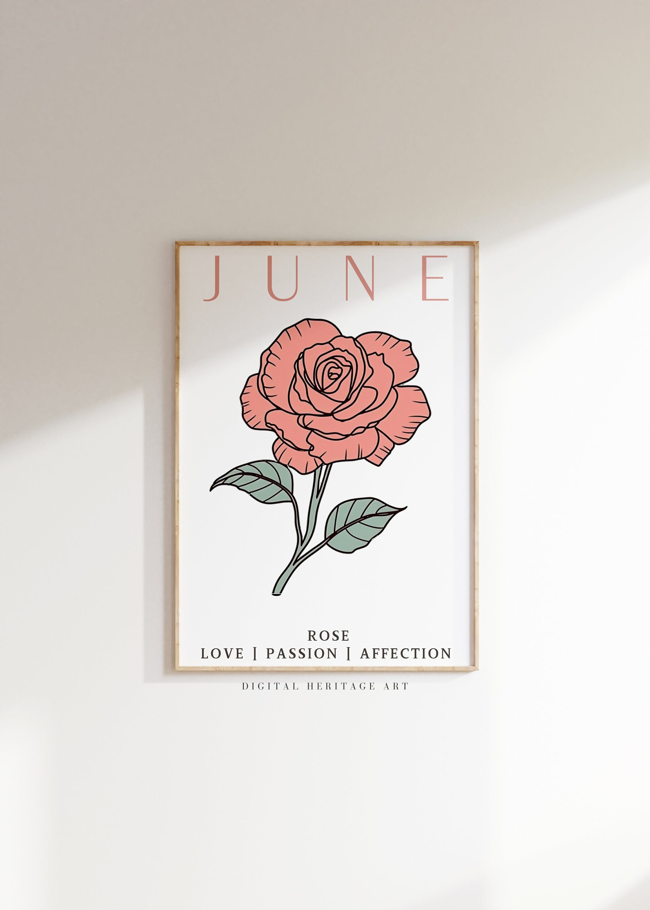 JUNE Red Rose Birth Month Flower Rose Line Art Drawing, Red Rose Wall ...