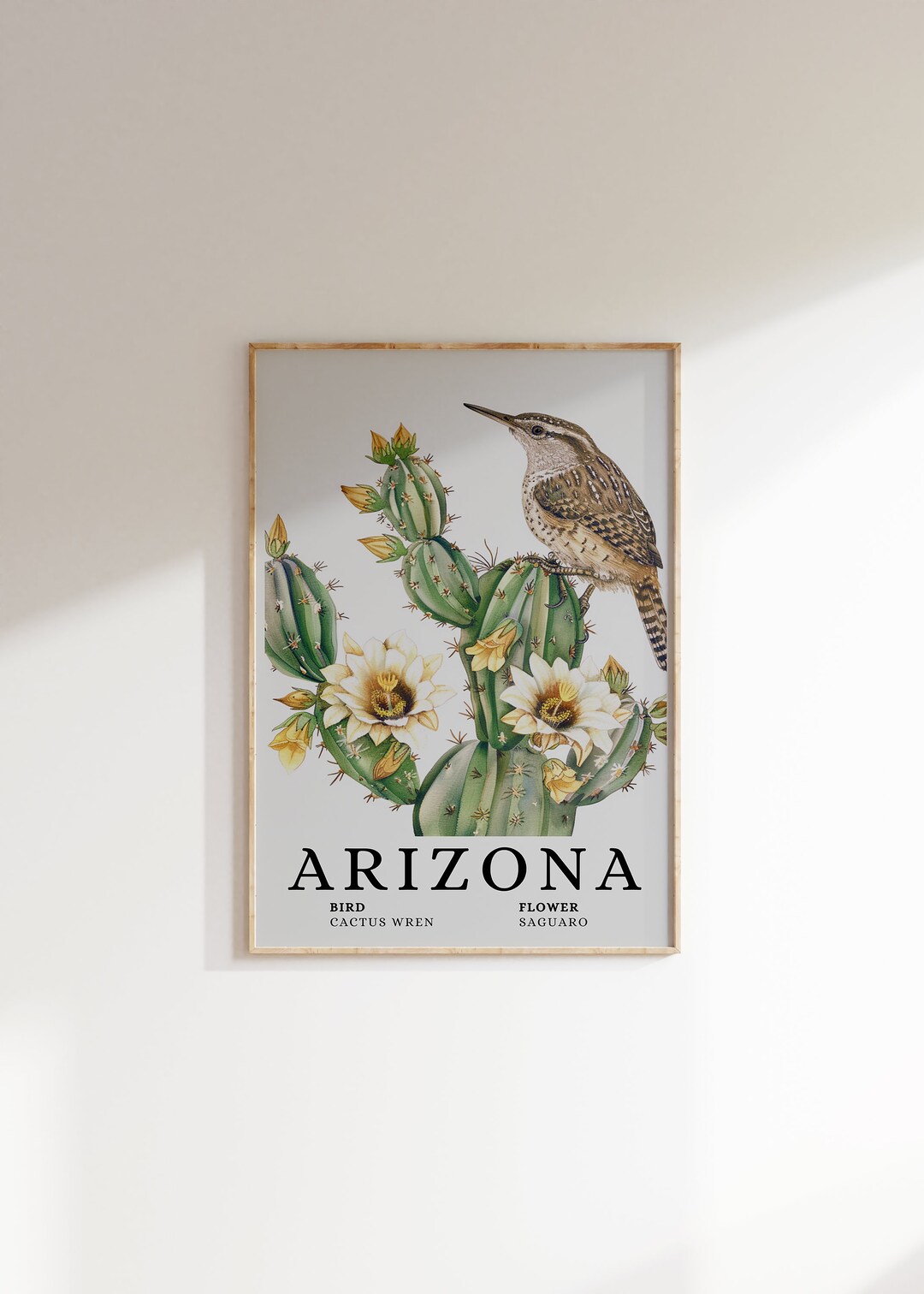 Arizona Cactus Wren Art Print: Saguaro Cactus, State Bird (digital ...