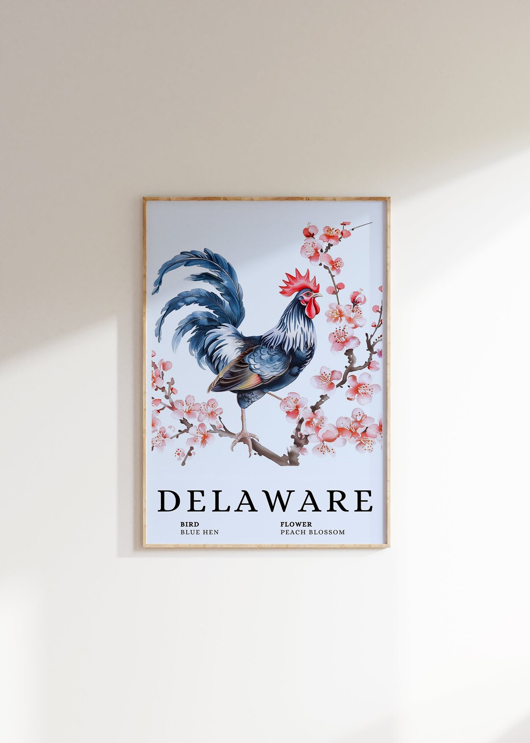 DELAWARE Blue Hen State Bird and Peach Blossom Art Print Blue Hen Bird ...