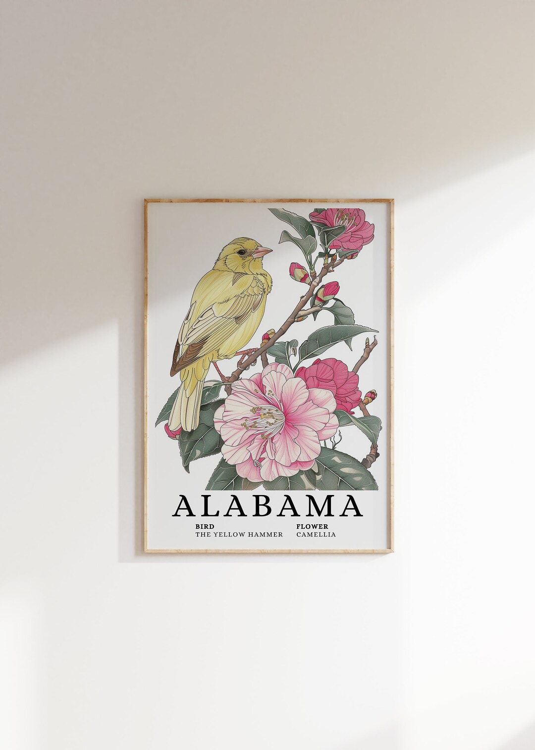 Alabama State Bird & Flower Art Print: Yellowhammer, Camellia (digital ...