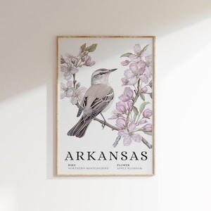 Arkansas State Bird Print: Mockingbird and Apple Blossom Art (digital ...