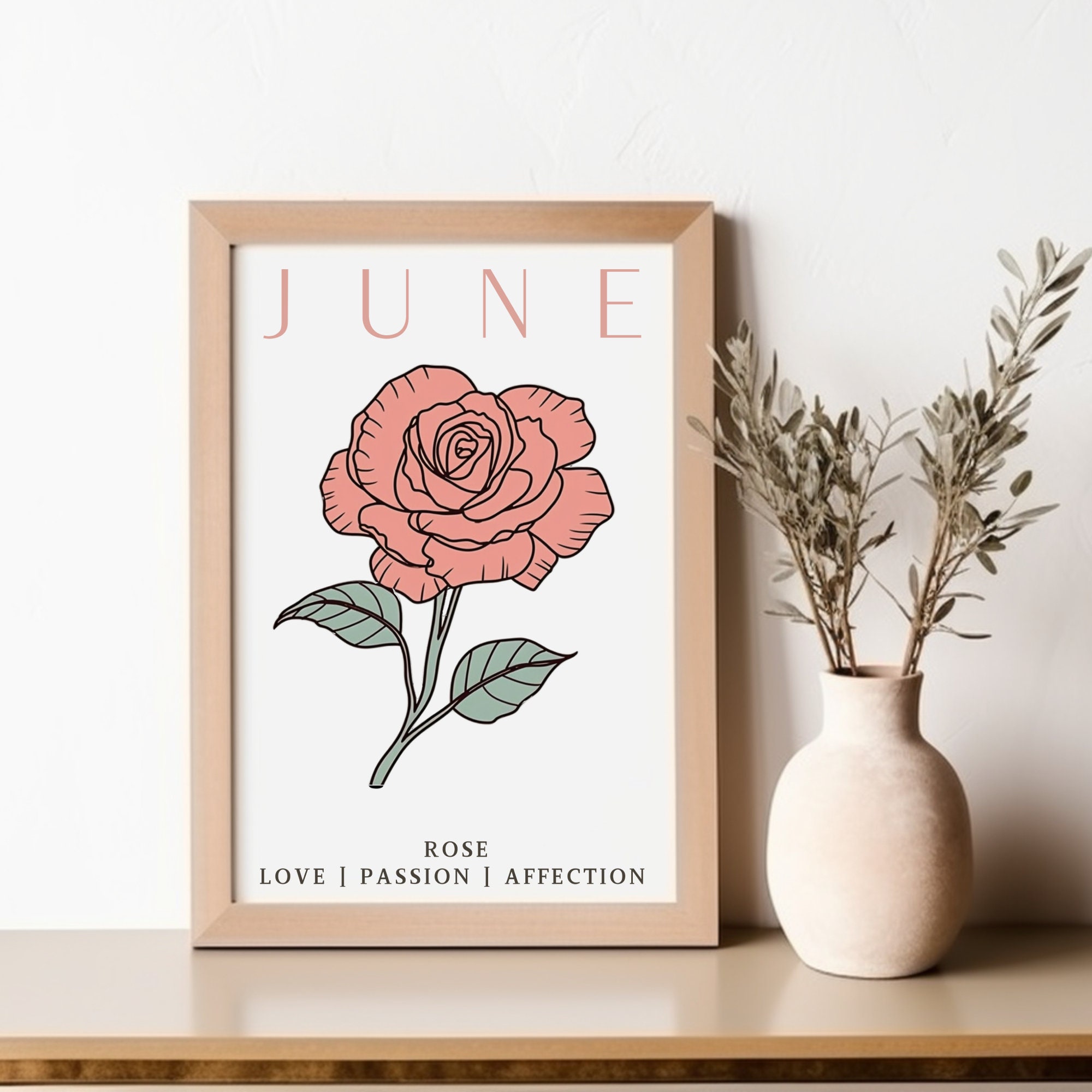 JUNE Red Rose Birth Month Flower Rose Line Art Drawing, Red Rose Wall ...