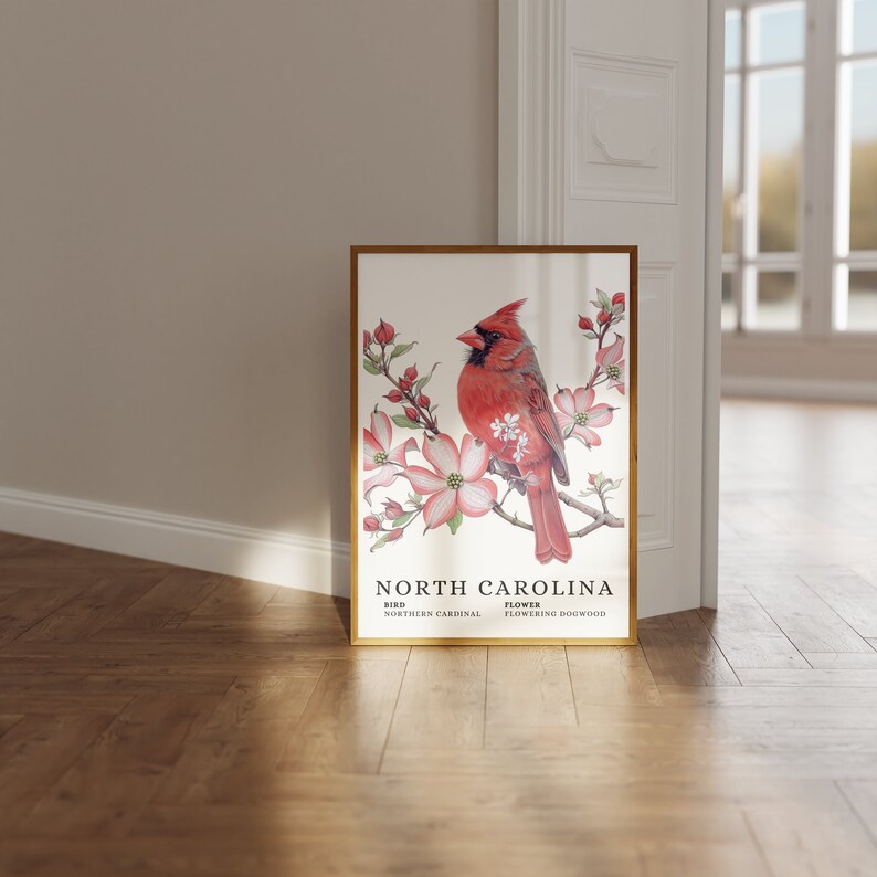NORTH CAROLINA Northern Cardinal State Bird and Flowering Dogwood Art ...
