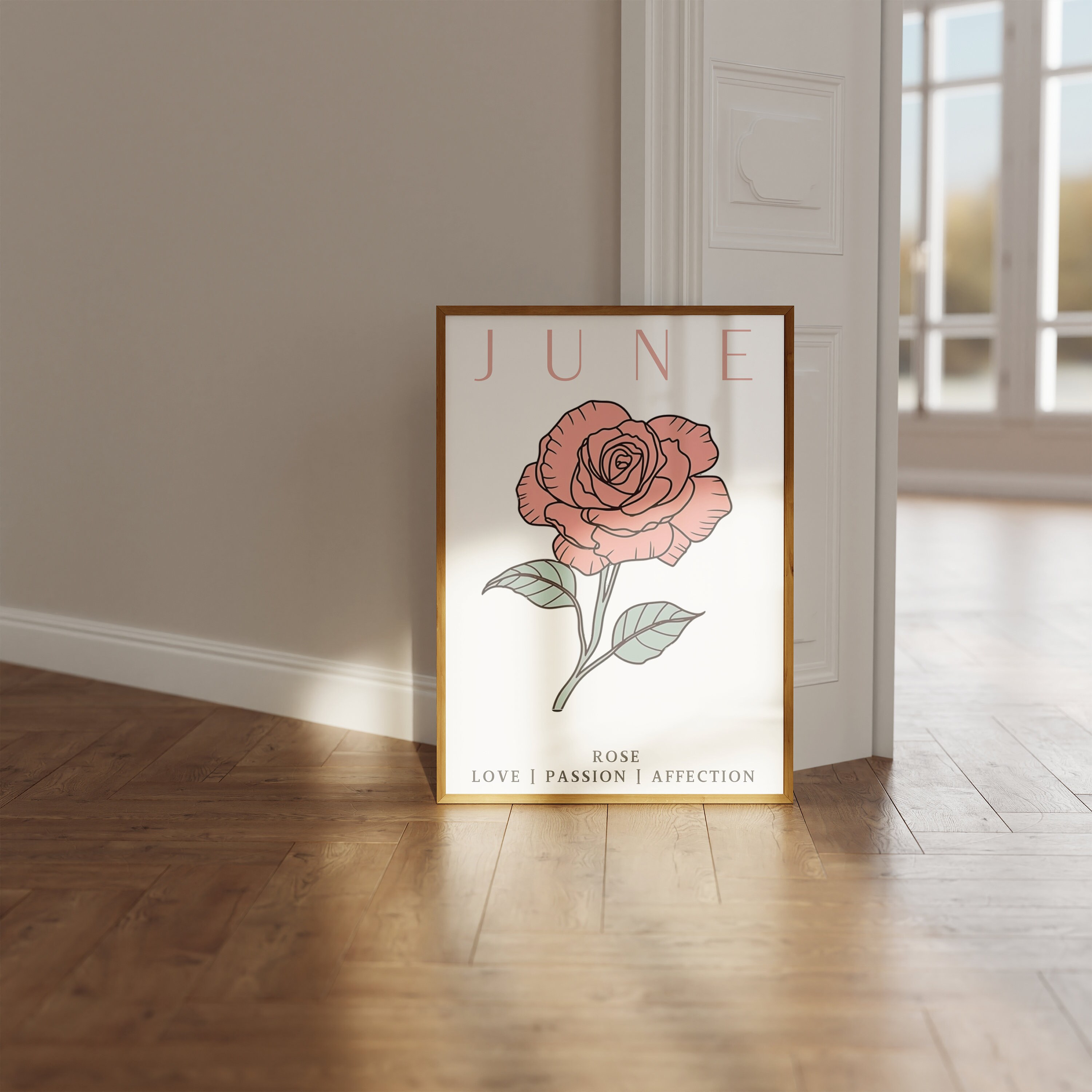 JUNE Red Rose Birth Month Flower Rose Line Art Drawing, Red Rose Wall ...