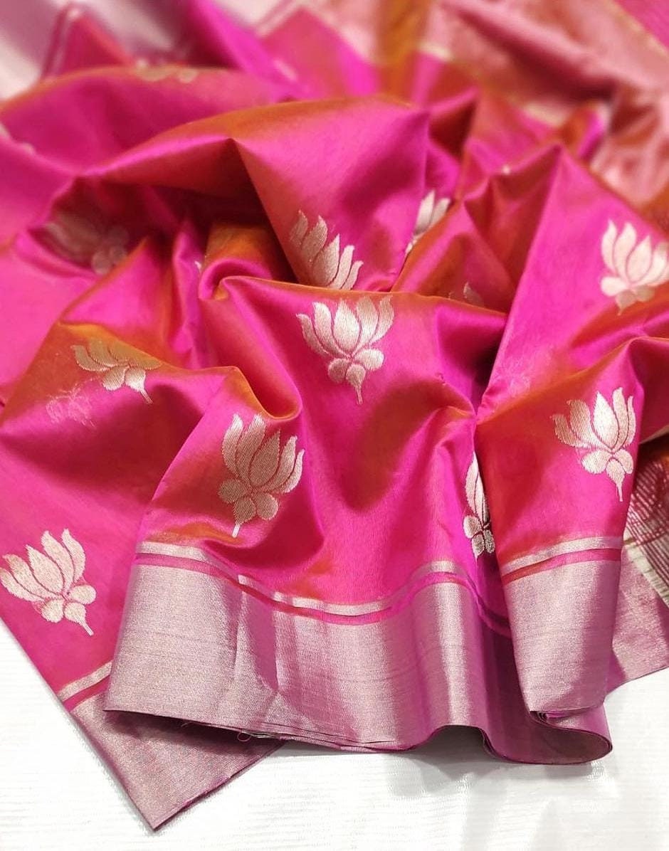 Pattu Silk Saree Lakshmi Lotus Design Silver Jeri Work 2color Orange ...