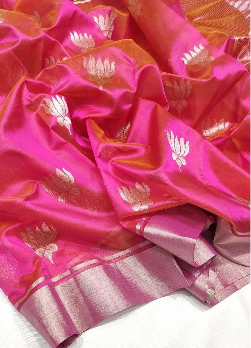 Pattu Silk Saree Lakshmi Lotus Design Silver Jeri Work 2color Orange ...