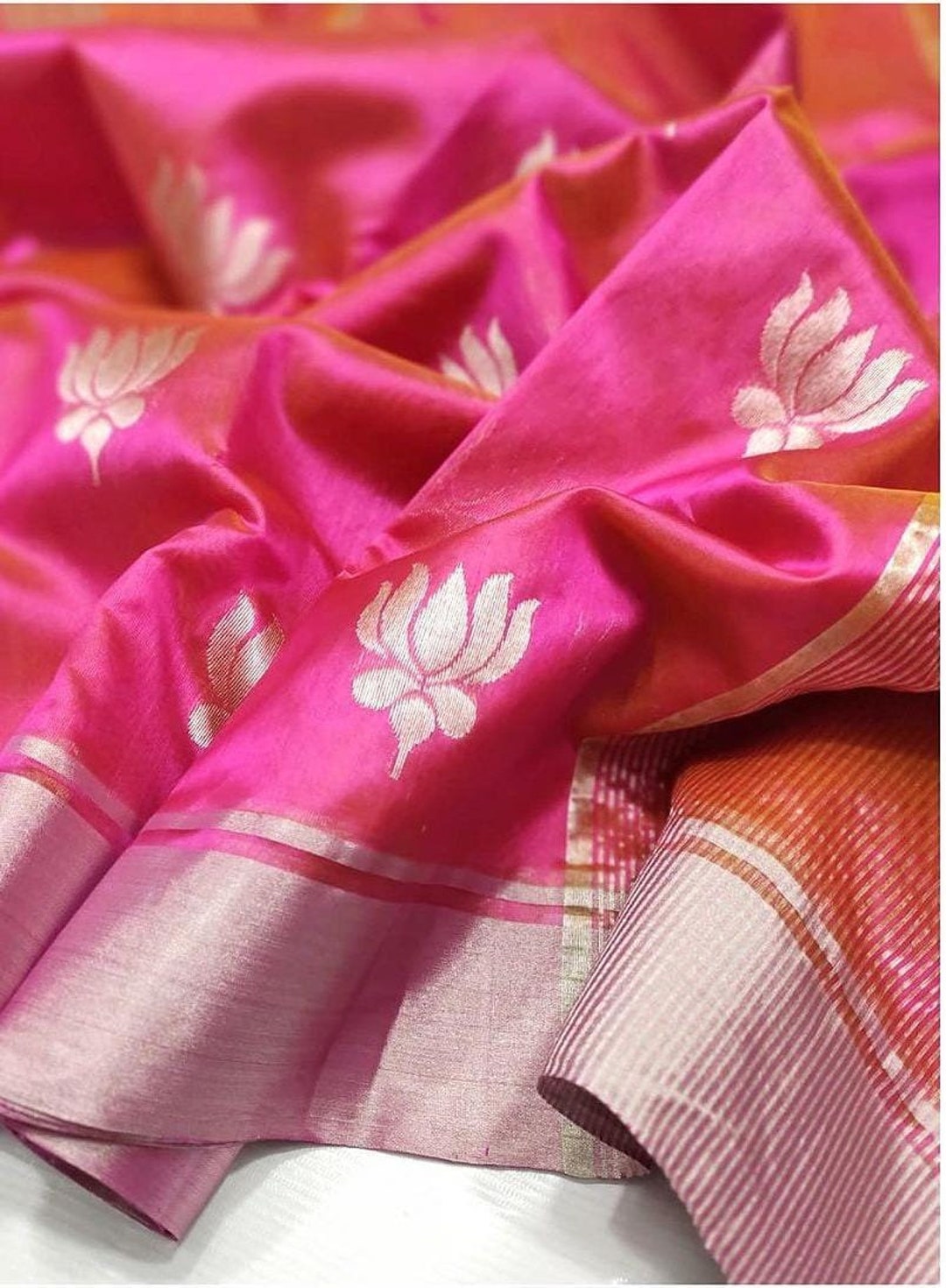 Pattu Silk Saree Lakshmi Lotus Design Silver Jeri Work 2color Orange ...