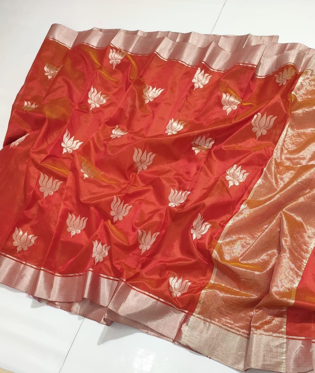Pattu Silk Saree Lakshmi Lotus Design Silver Jeri Work 2color Orange ...