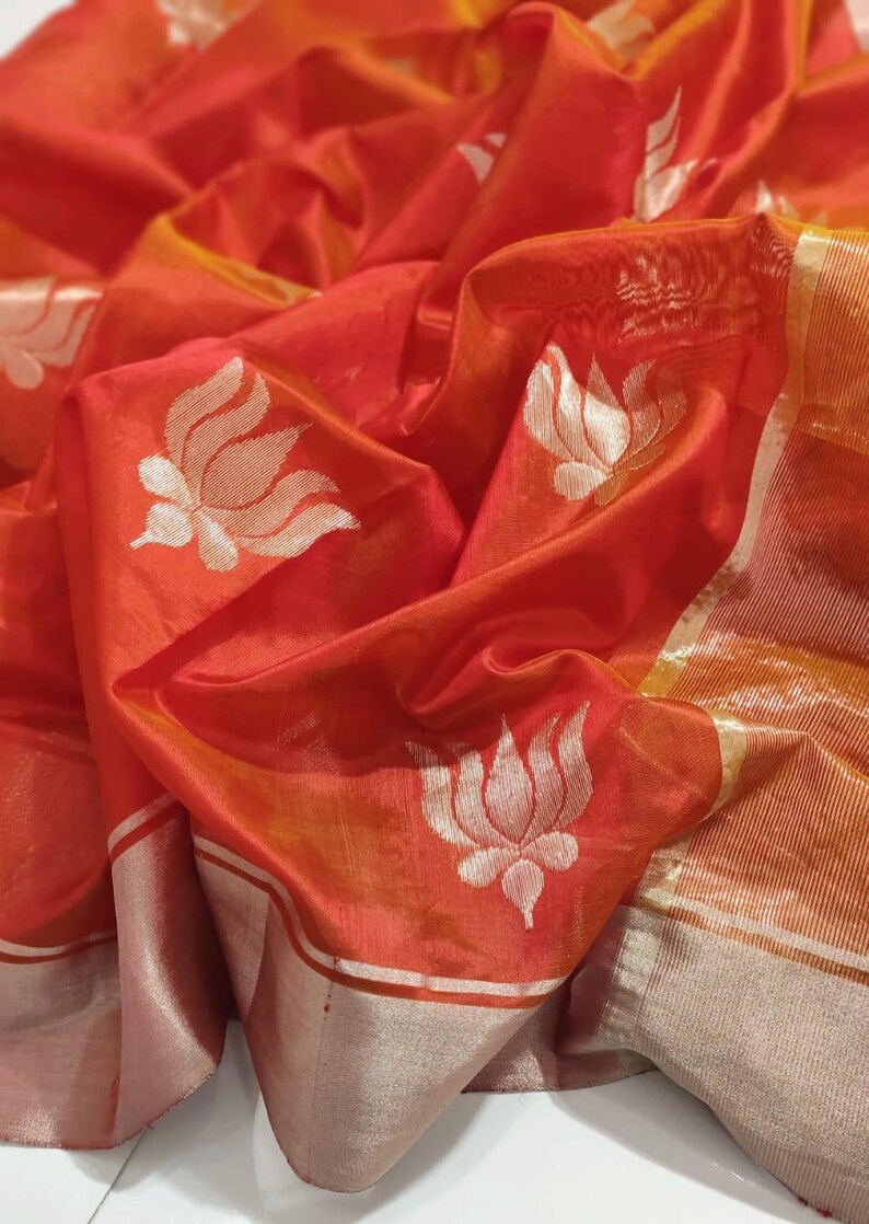 Pattu Silk Saree Lakshmi Lotus Design Silver Jeri Work 2color Orange ...