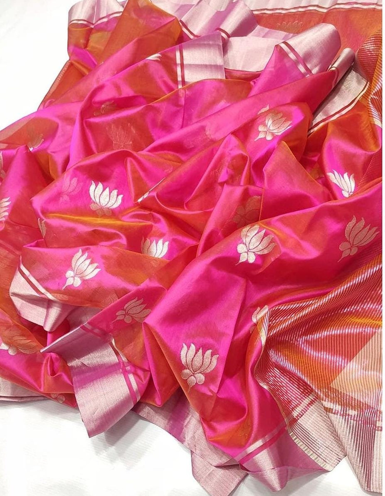 Pattu Silk Saree Lakshmi Lotus Design Silver Jeri Work 2color Orange ...