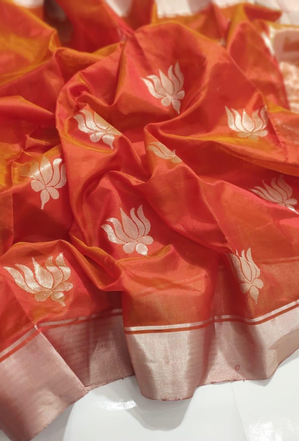 Pattu Silk Saree Lakshmi Lotus Design Silver Jeri Work 2color Orange ...