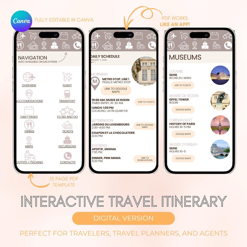 Interactive Digital Travel Itinerary Planner | 51-page Canva Template ...