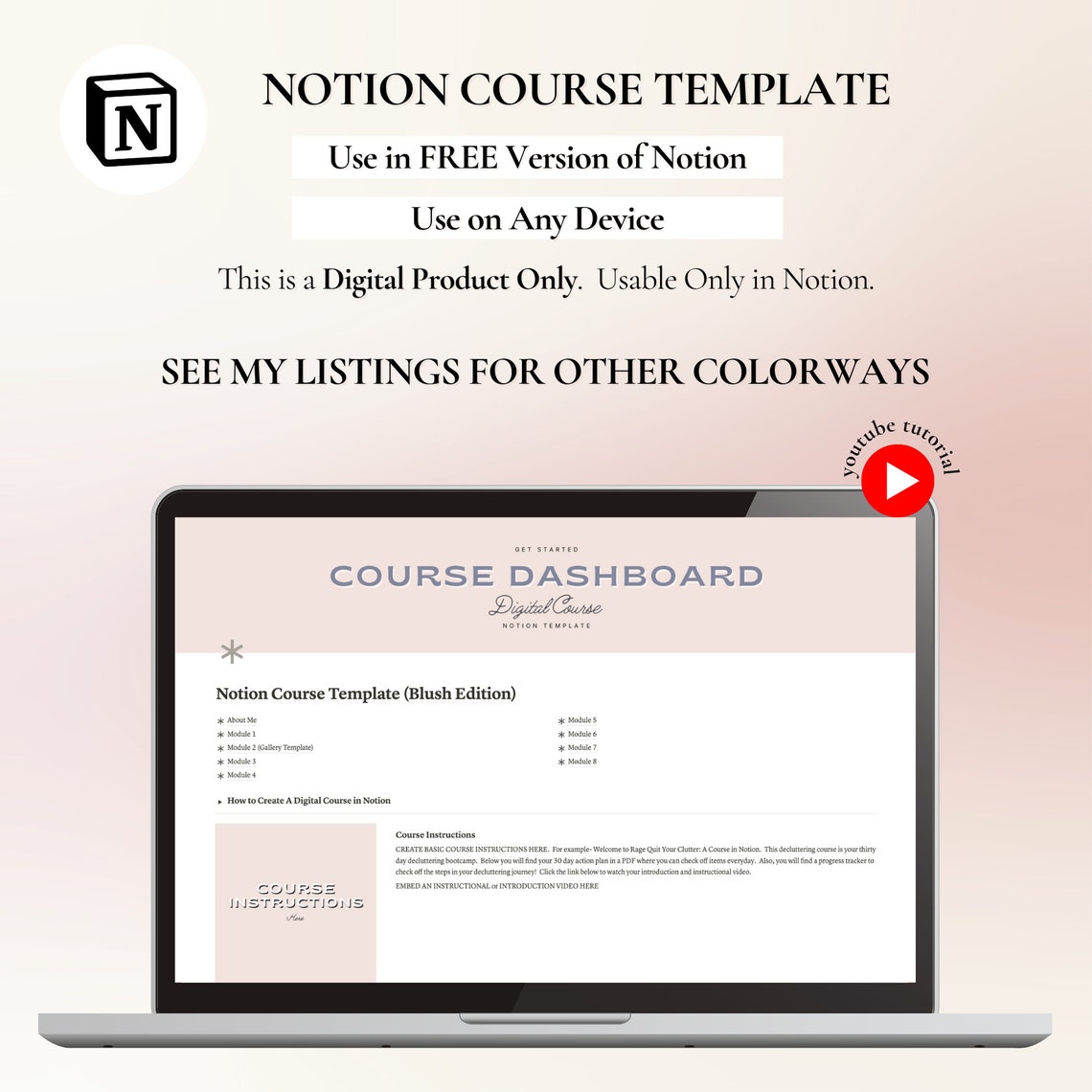 Notion Course Template Blush Edition, Course Creator, Digital Course ...