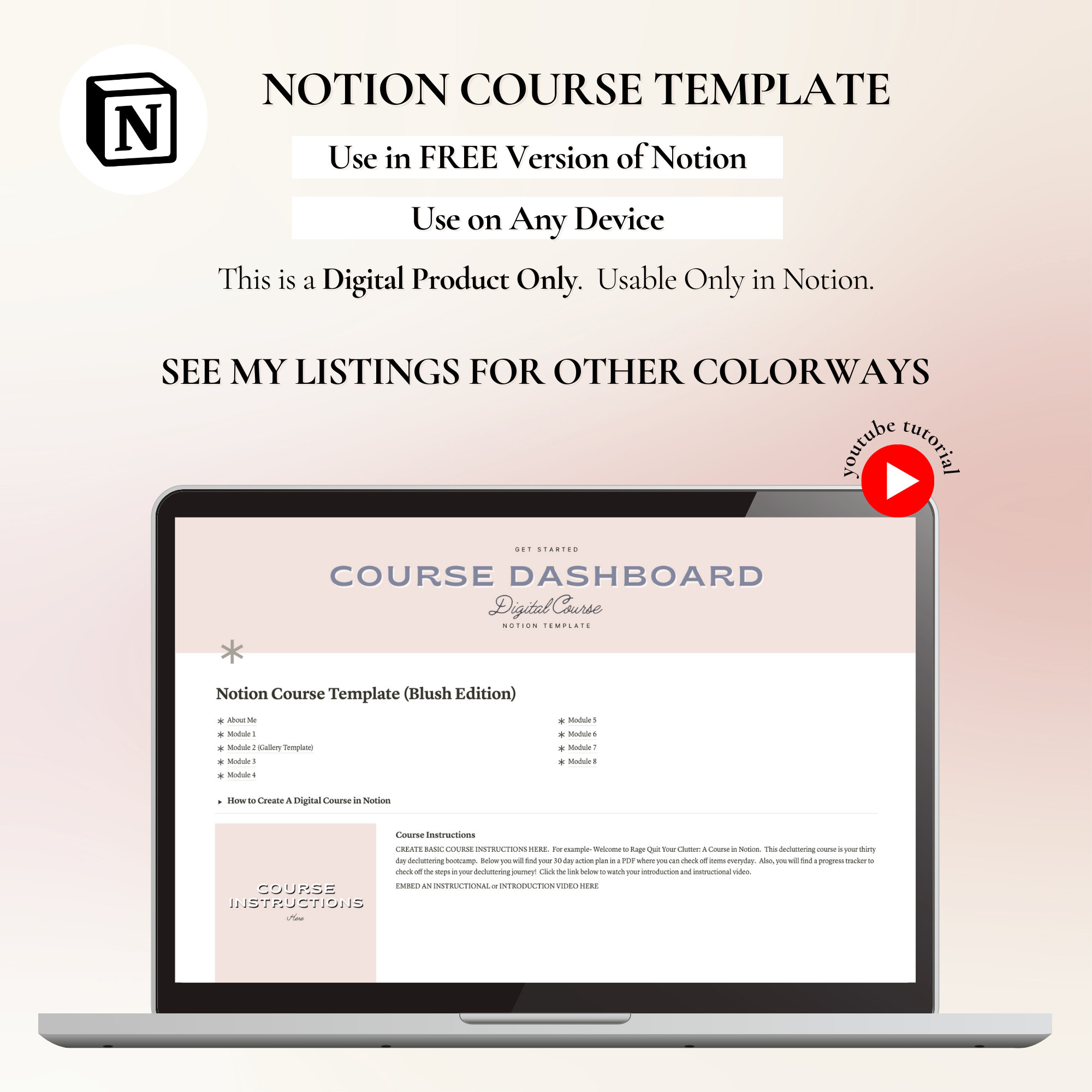 Notion Course Template Blush Edition, Course Creator, Digital Course Template, Notion Digital ...