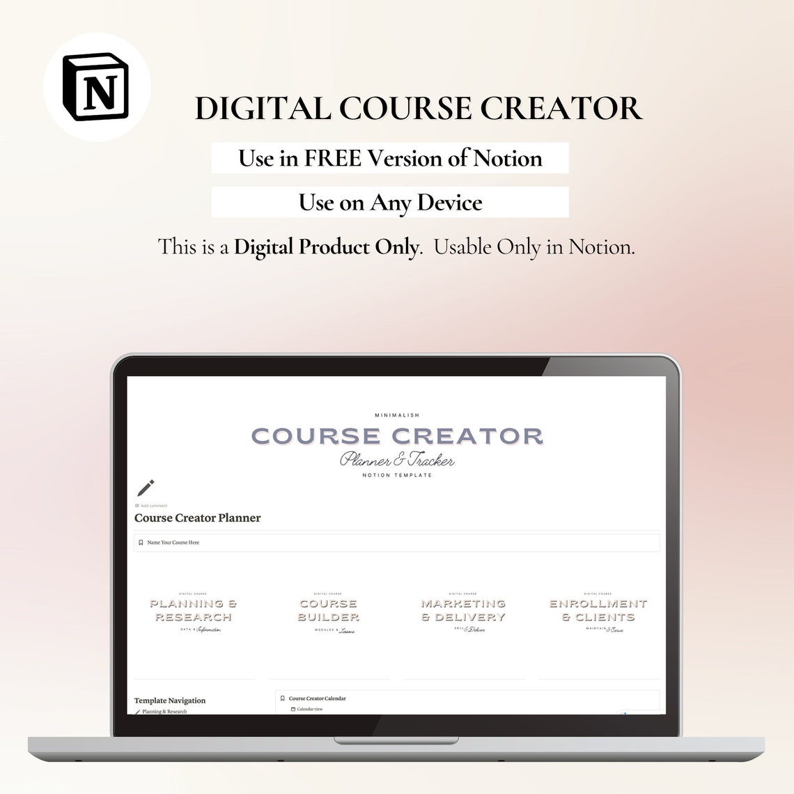 Digital Course Creator Planner Notion Template Course Creator Notion Digital Course Digital ...
