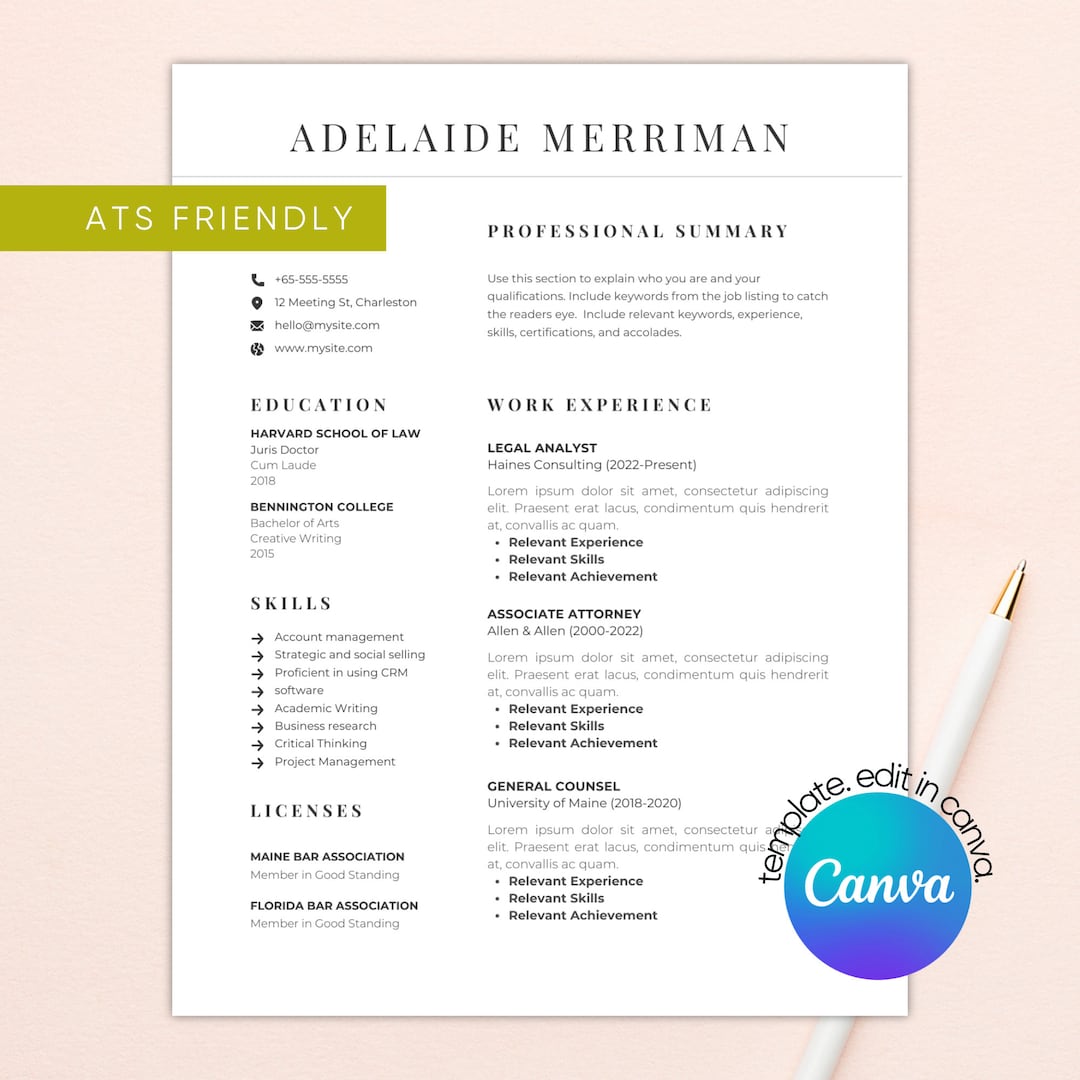ATS Friendly Resume Template for Canva Legal Resume Template Canva Free ...