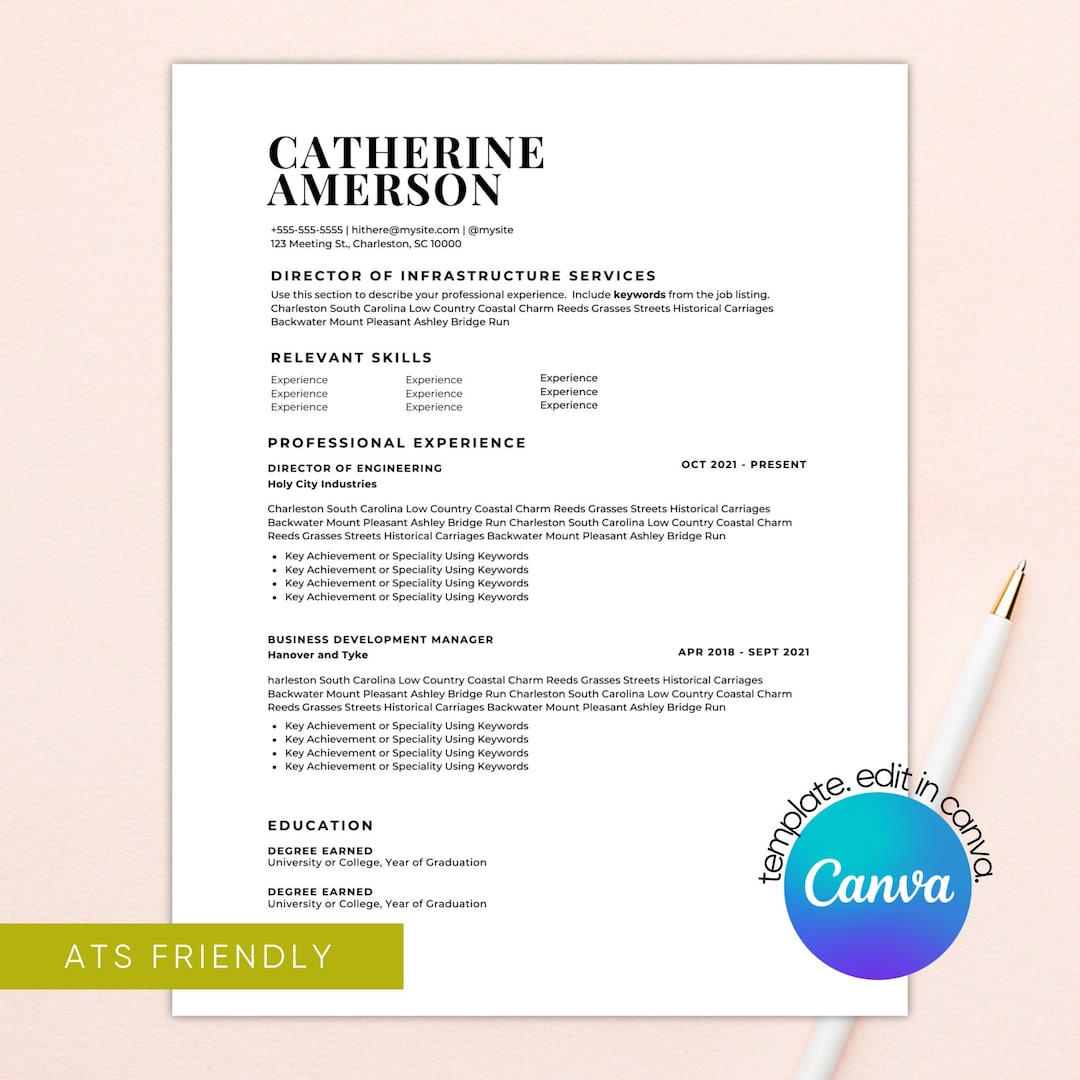 ATS Friendly Resume Template for Canva PDF Resume Template Canva Free ...