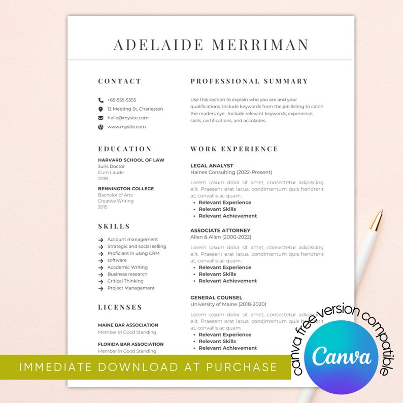 ATS Legal Resume Template: Minimalist Canva Design - Etsy