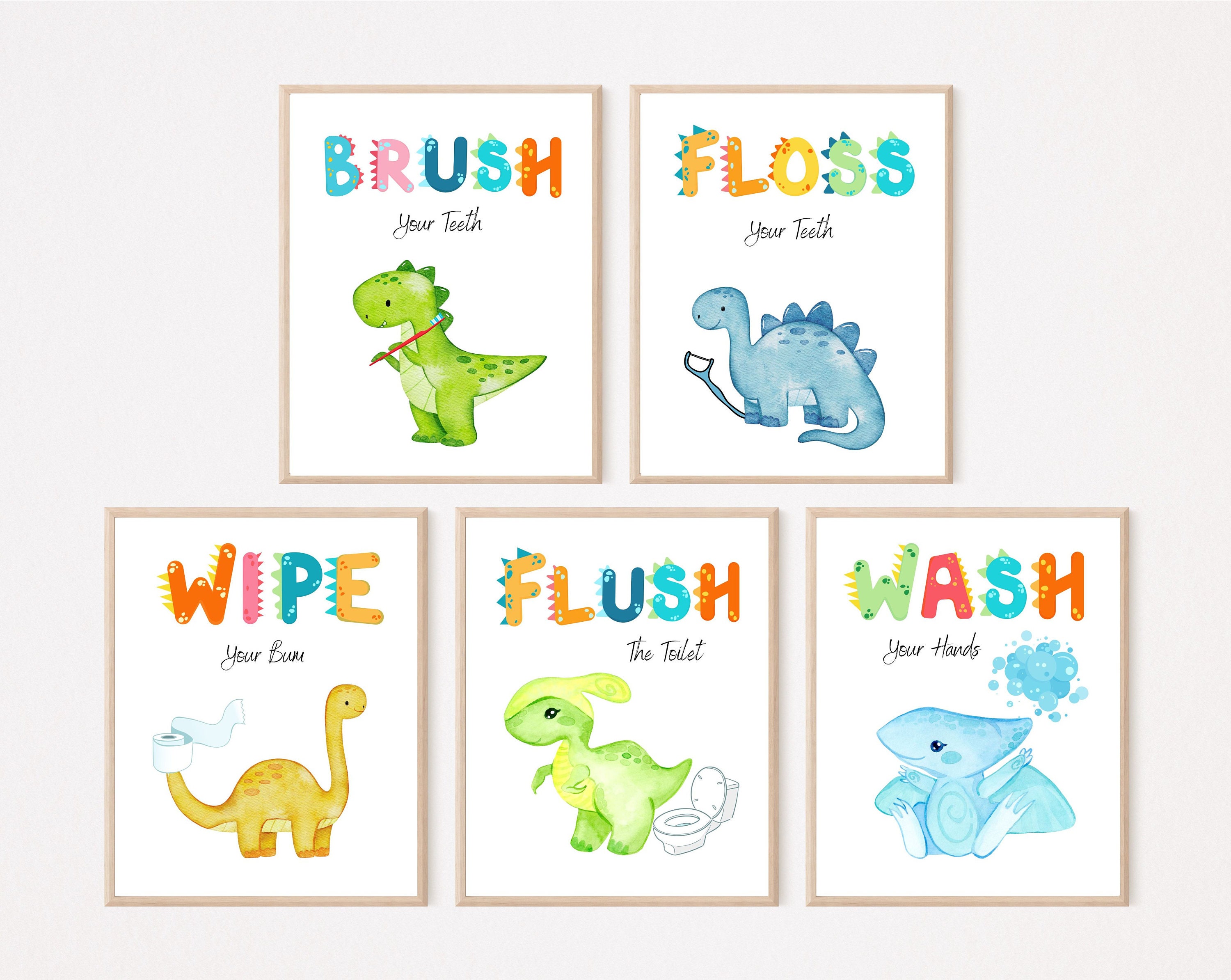 Kids Dinosaur Bathroom Art | Bathroom Wall Prints | Set of 5 | Kids ...