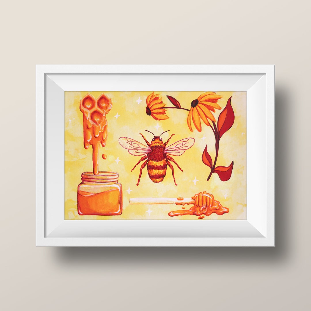 Honey Bee Art Print | Floral Wall Decor, Small Poster, Summer Botanical ...