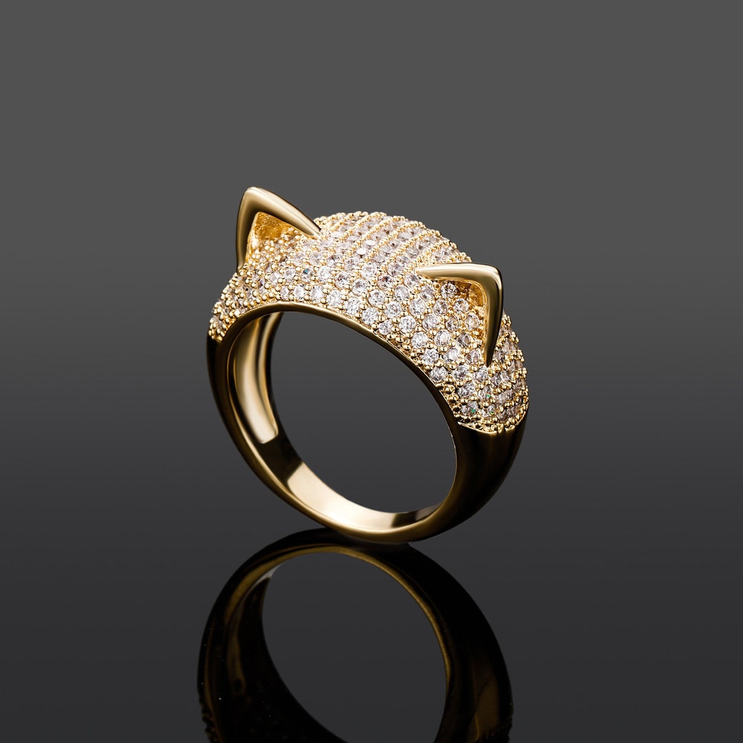 Cute Cat Charm Ring, 2 Ct Pave Set Diamond Ring, Women's Engagement ...