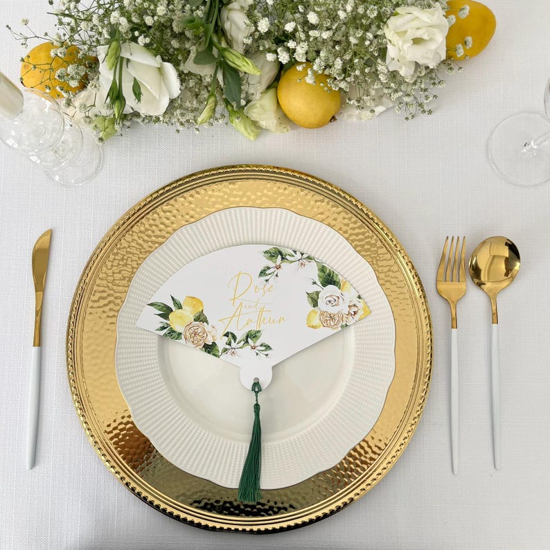 Lemon Floral Wedding Fan Favor: Custom Mediterranean Ceremony Keepsake ...