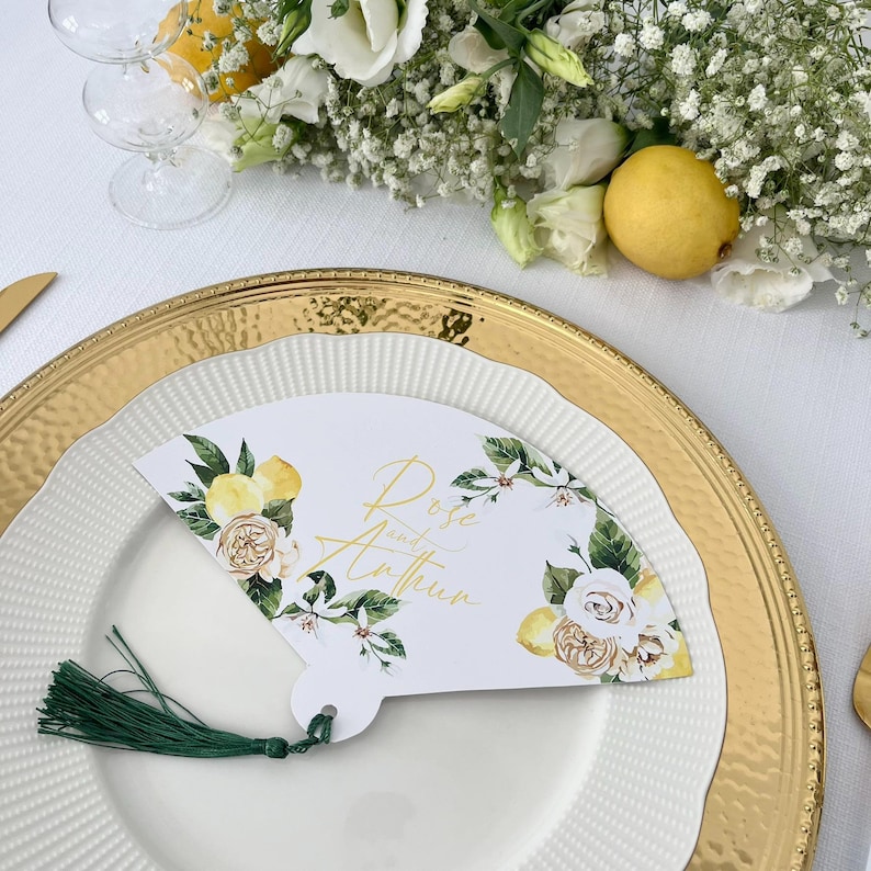 Lemon Floral Wedding Fan Favor: Custom Mediterranean Ceremony Keepsake ...