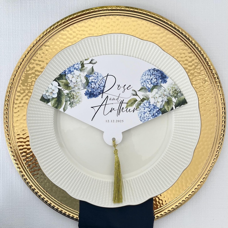 Personalized Hydrangea Wedding Fan With Gold Tassel: Elegant Summer ...