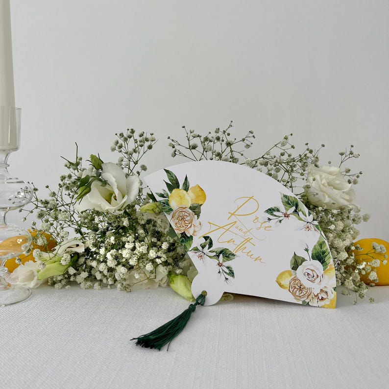 Lemon Floral Wedding Fan Favor: Custom Mediterranean Ceremony Keepsake ...