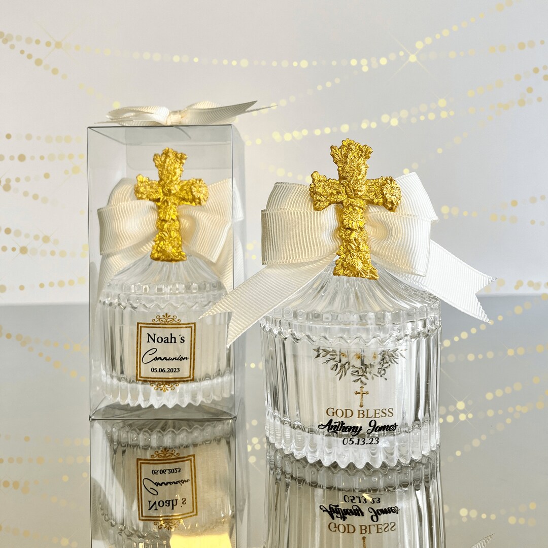 Personalized First Holy Communion Favors, Golden Cross on Glass Candle ...