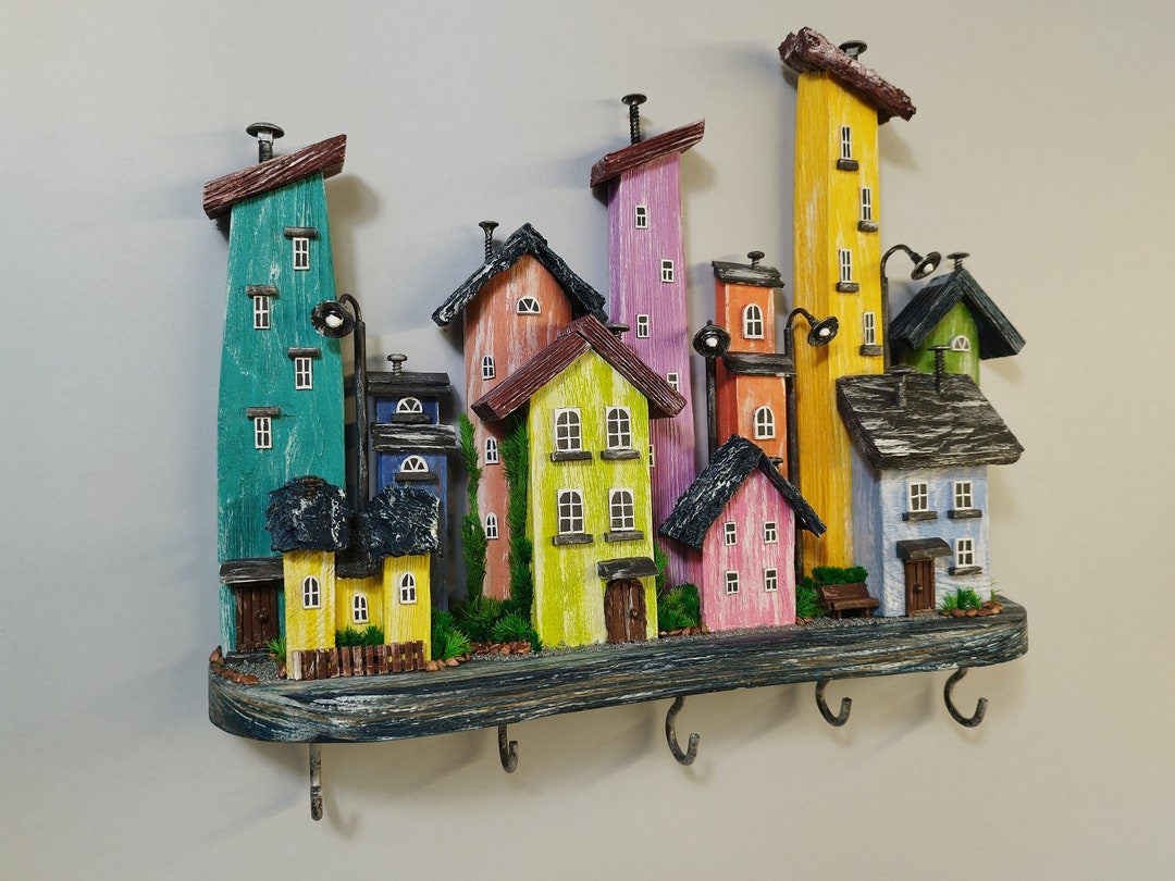 Wooden Key Holder With Colorful Houses on Shelf,5 Hooks,key Organizer ...