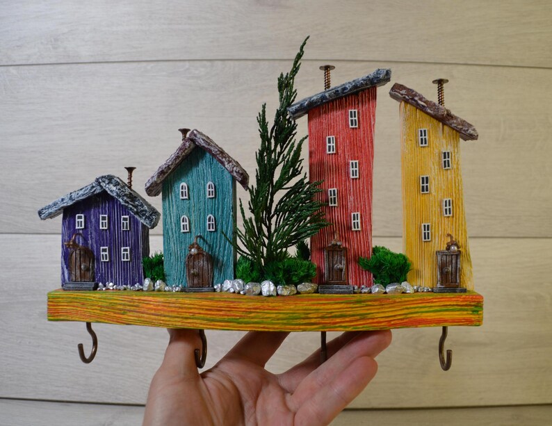 Wooden Key Holder With Colorful Houses and Green Plants,, 4 Hooks,tiny ...