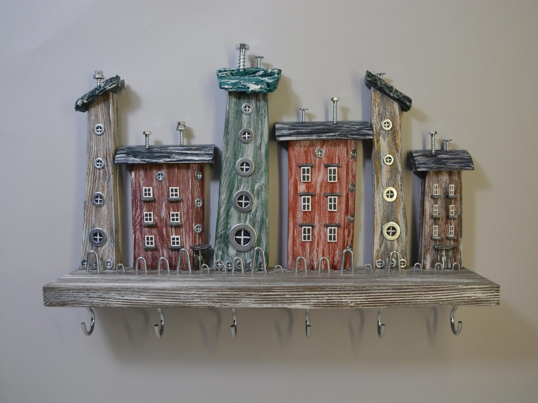 Wooden Key Holder for Wall With Grey Houses,decorative Hooks,6-piece ...
