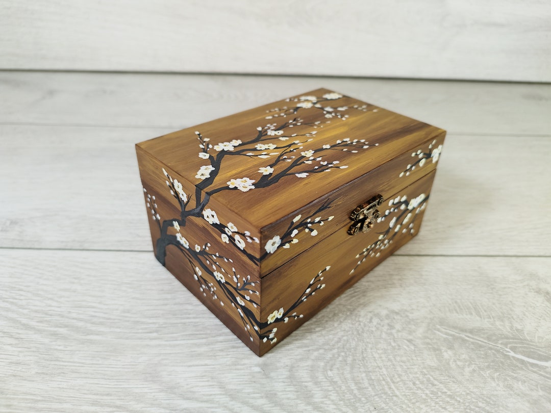 Hand Painted Wooden Box With a Blossoming Apple Tree Branch,jewelry Box ...