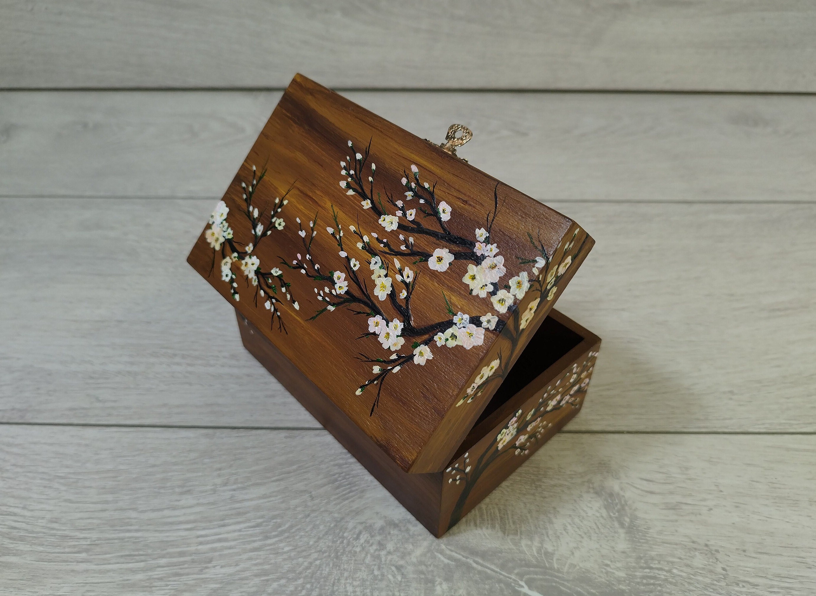Hand Painted Wooden Box With a Blossoming Apple Tree Branch,jewelry Box ...
