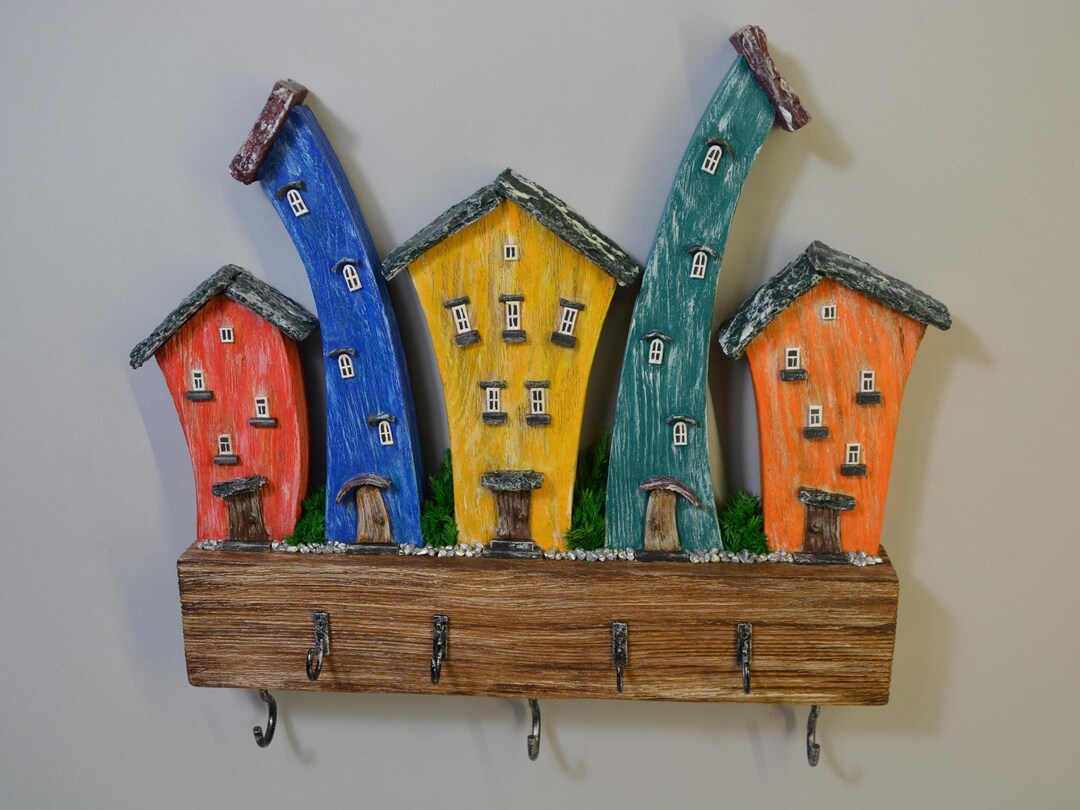 Wooden Key Holder for Wall With Cute Fairy Houses,7 Hooks,,key ...