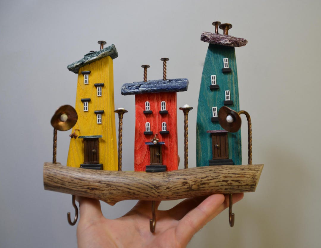Rustic Wooden House Key Holder: Colorful Wall Decor, Handmade Eco Wood ...