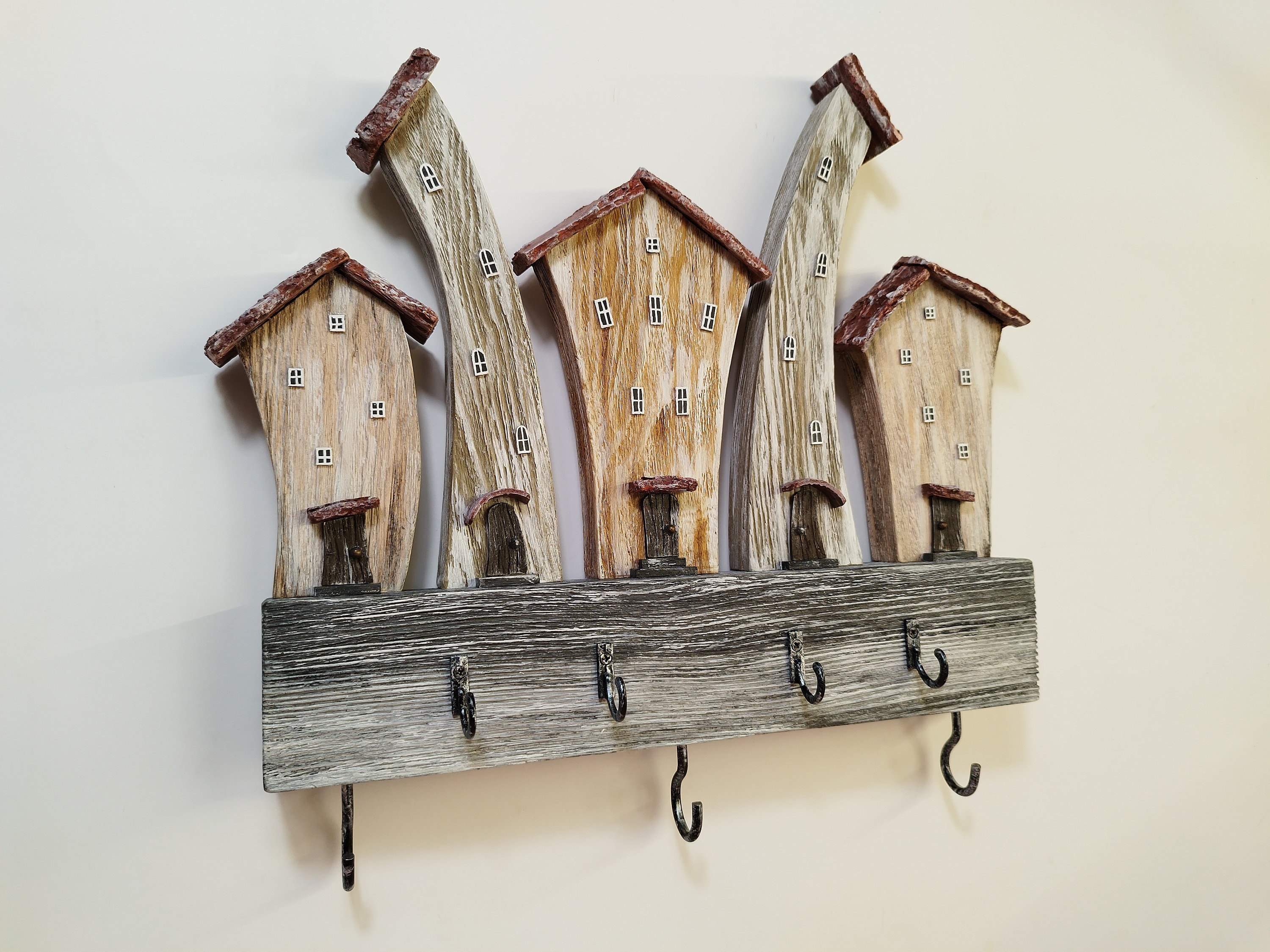 Wooden Key Holder for Wall With Cute Fairy Houses,7 Hooks,,key ...