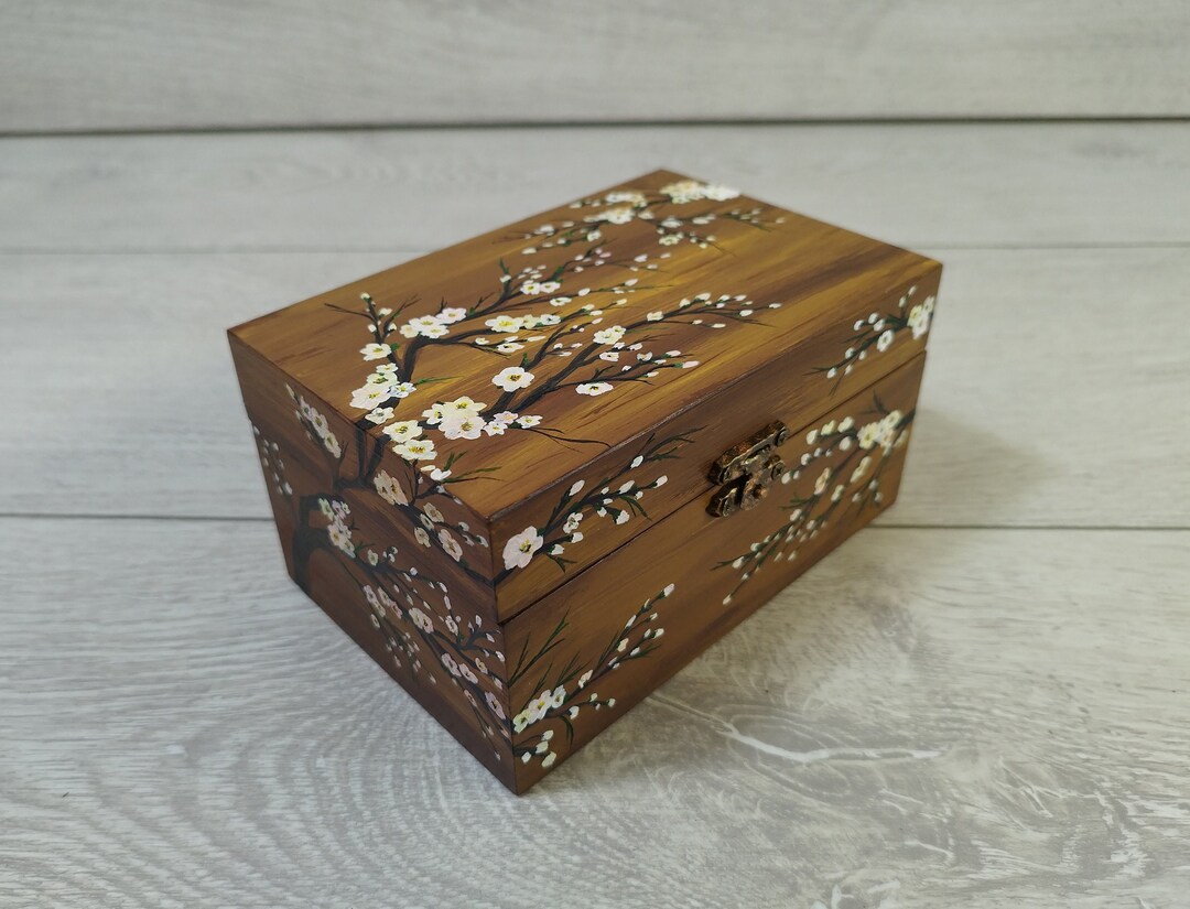 Hand Painted Wooden Box With a Blossoming Apple Tree Branch,jewelry Box ...