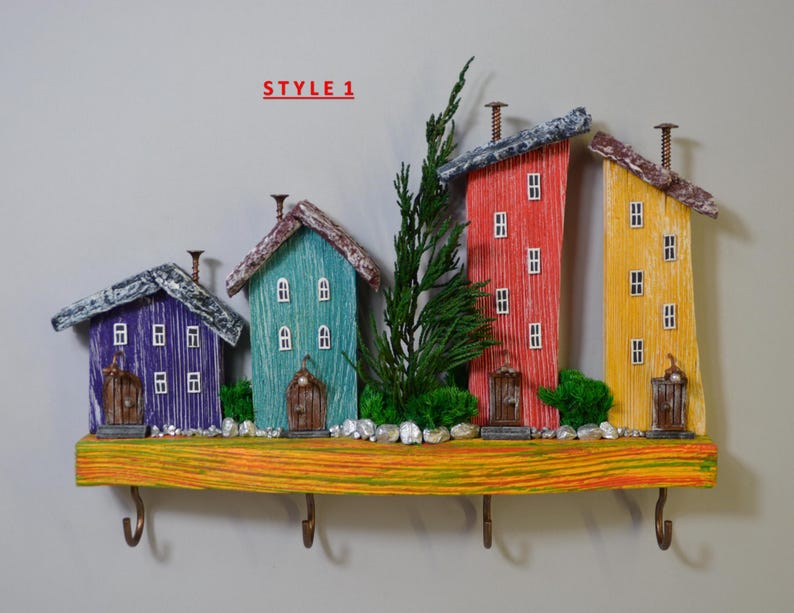 Wooden Key Holder With Colorful Houses and Green Plants,, 4 Hooks,tiny ...