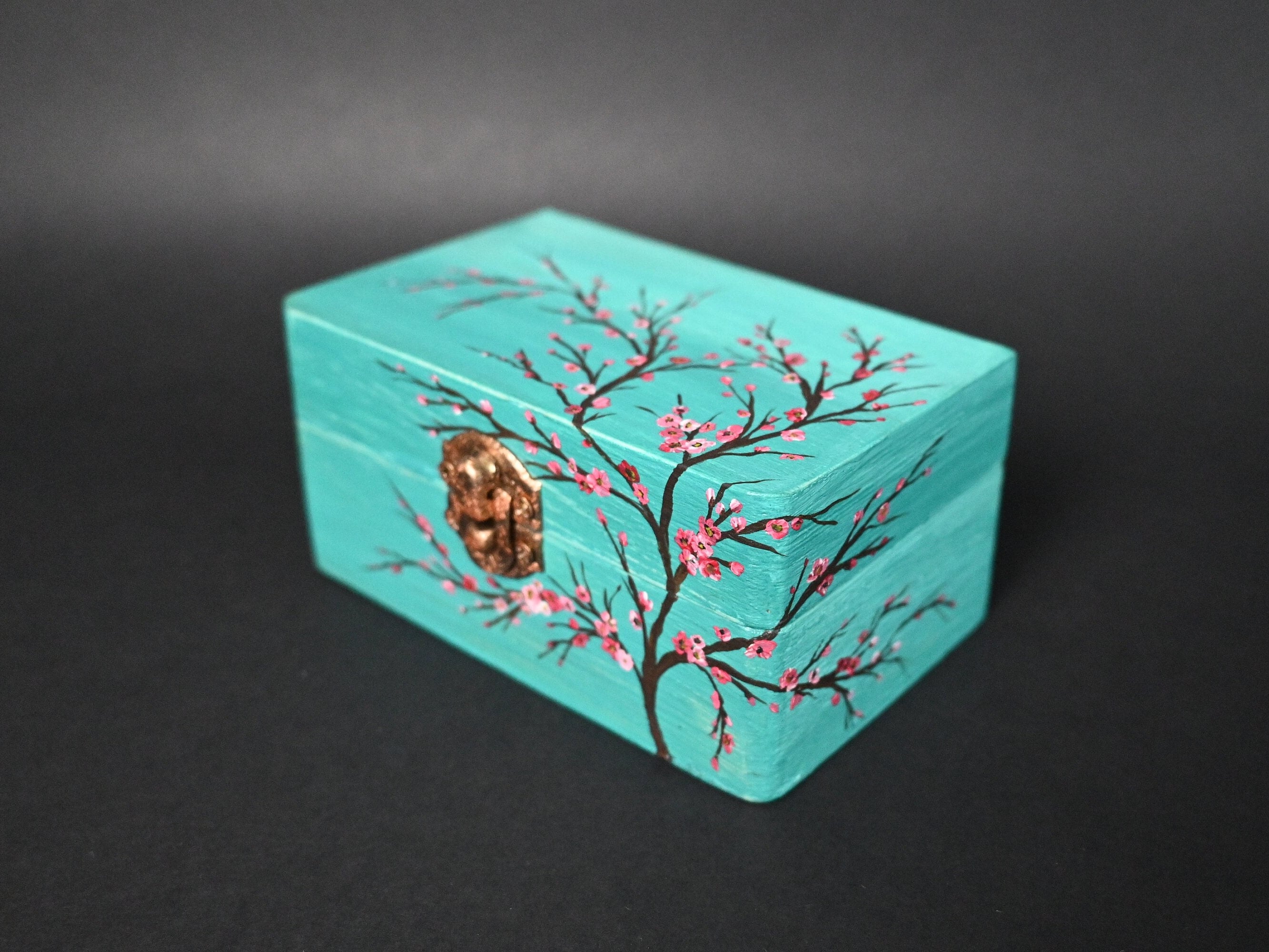 Hand-painted Turquoise Box With a Blossoming Cherry Branch,jewelry Box ...